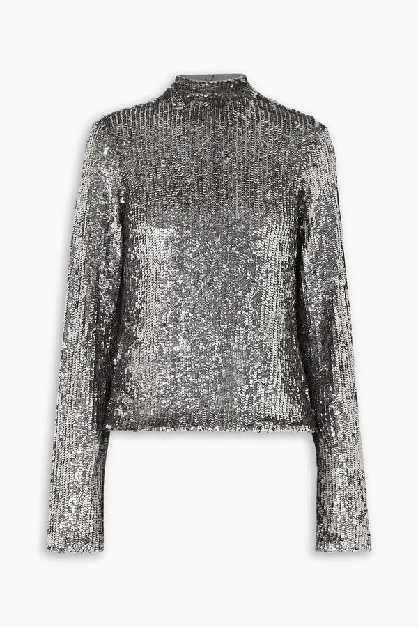 INTERIOR Frances Sequined Stretch-tulle Turtleneck Top