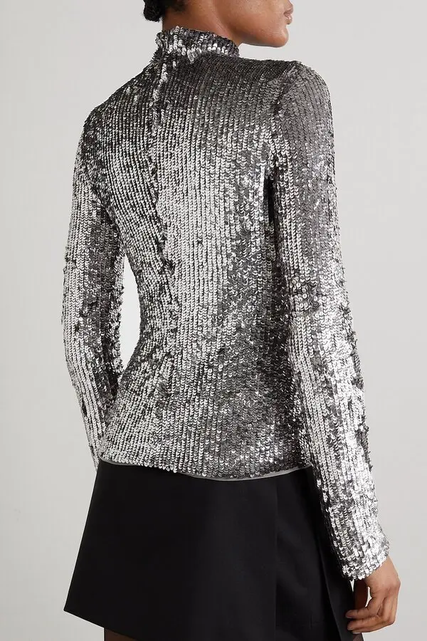 INTERIOR Frances Sequined Stretch-tulle Turtleneck Top
