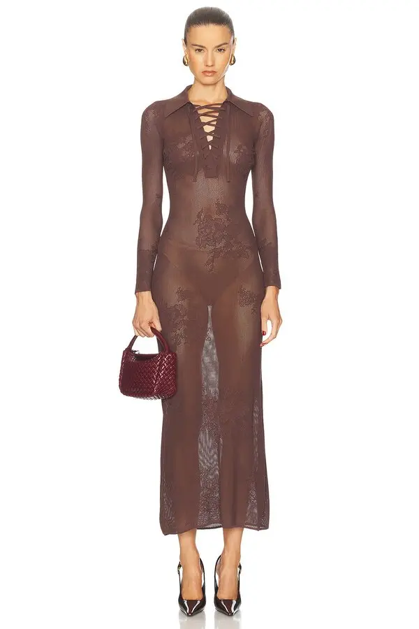 FLEUR DU MAL Lace Pointelle Maxi Dress In Brown - Cognac