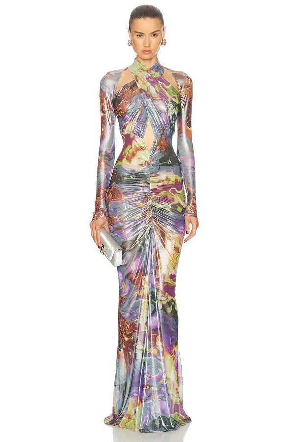 Lapointe Printed Mesh Halter Gown - Marble