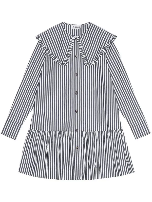 GANNI Striped Cotton Shirt Dress - Black