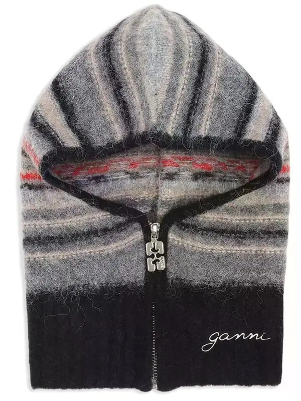 Ganni Gray & Black Stripe Knit Balaclava with Red Accents GANNI Striped Soft Wool Zip Balaclava (Phantom) - A6327  main image 3
