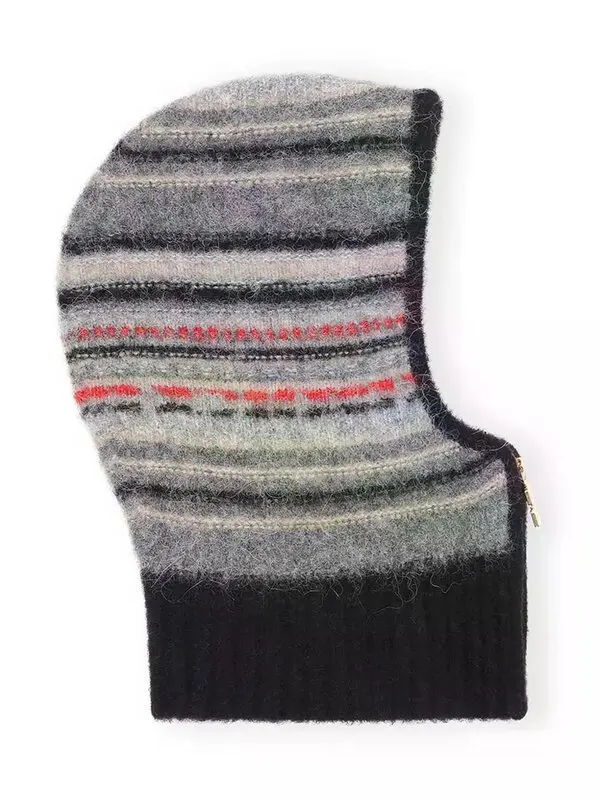 Ganni Gray & Black Stripe Knit Balaclava with Red Accents GANNI Striped Soft Wool Zip Balaclava (Phantom) - A6327  main image 2