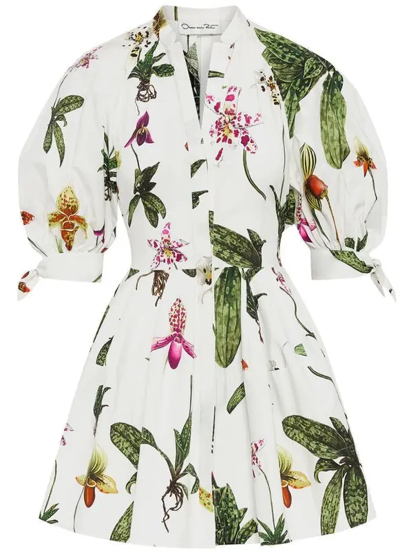 Oscar De La Renta Orchid Puff-sleeve Cotton-poplin Dress - White