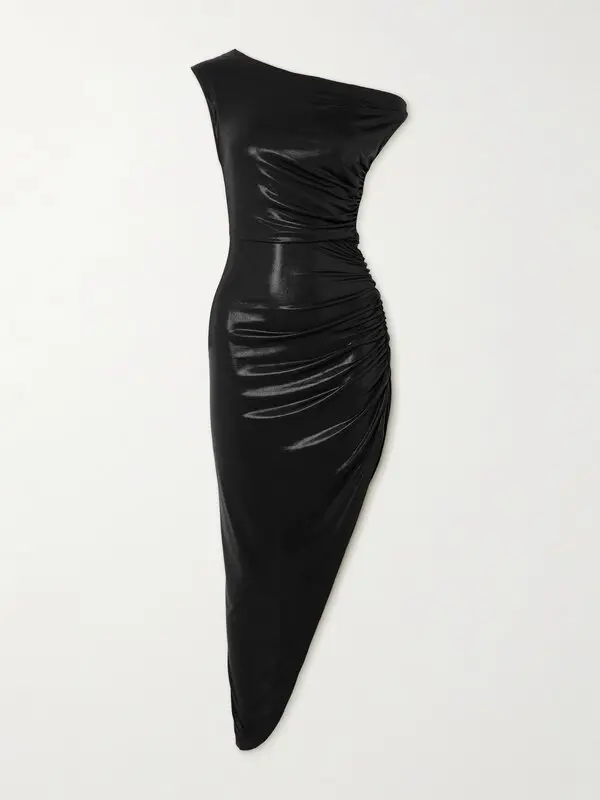 Norma Kamali Off-The-Shoulder Asymmetric Ruched Stretch-Lam Midi Dress In  Black - 40% Off | Editorialist
