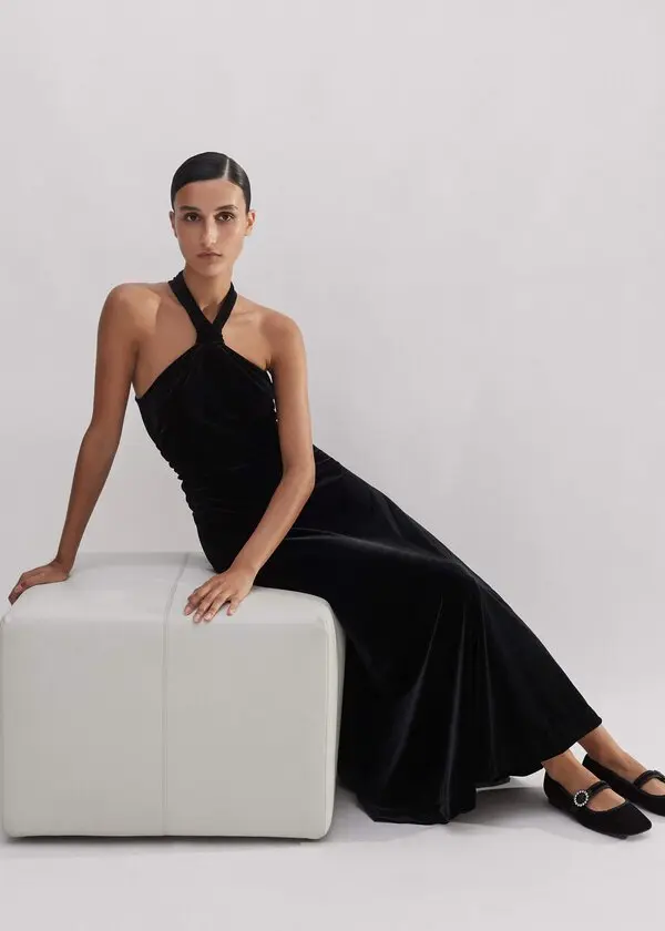 ME+EM Velour Halterneck Maxi Dress - Black