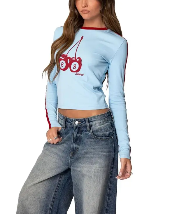 EDIKTED Cherry 8 Long Sleeve T-shirt - Light Blue