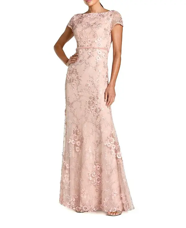 Mac Duggal Floral Applique Boatneck Gown - Blush