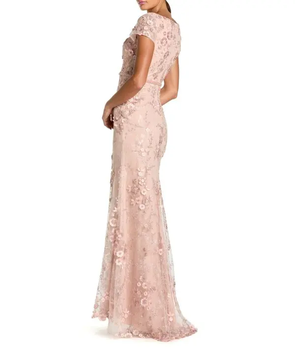 Mac Duggal Floral Applique Boatneck Gown - Blush