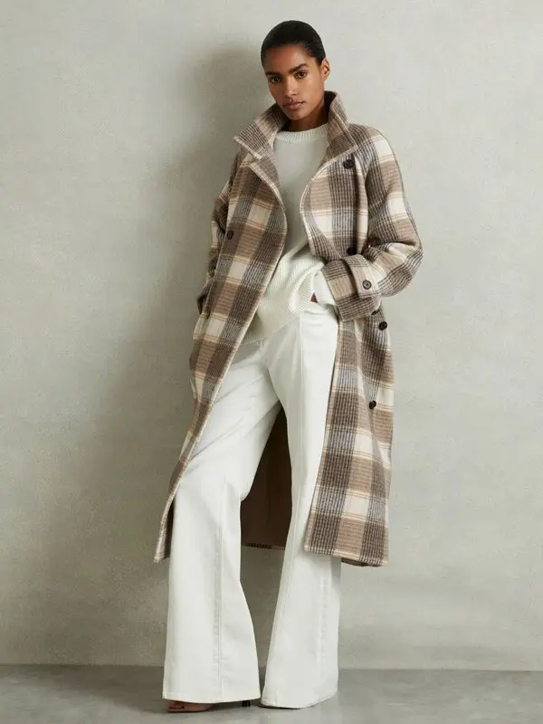 REISS Piper Wool Blend Checked Double Breasted Coat