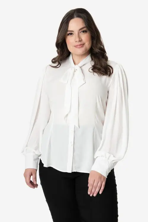Unique Vintage Long Sleeve Neck Tie Gwen Blouse - White