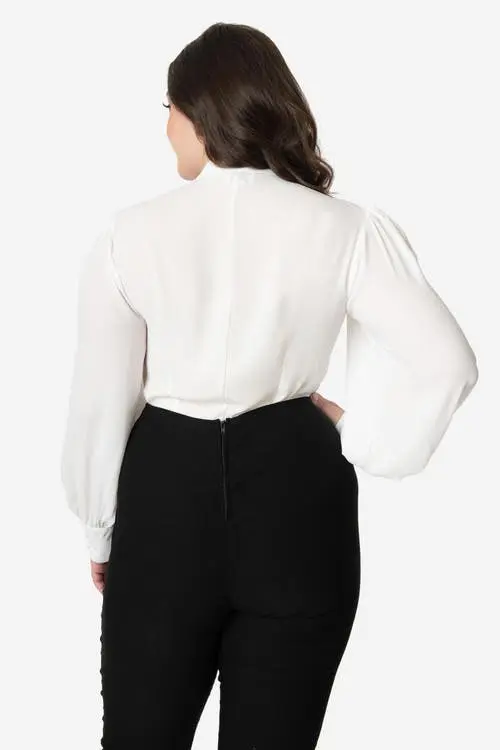 Unique Vintage Long Sleeve Neck Tie Blouse - White