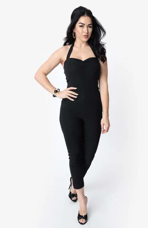 Unique Vintage Sweetheart Halter Marcel Jumpsuit - Black