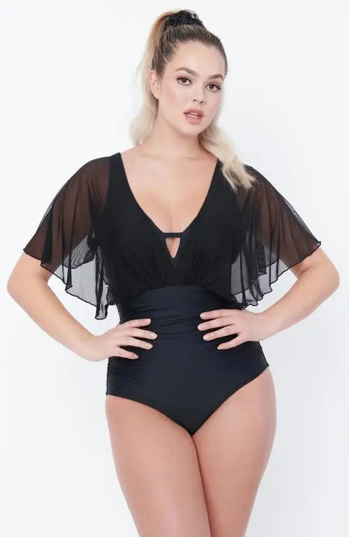 Unique Vintage Mesh Butterfly Sleeve Torrey One Piece Swimsuit - Black
