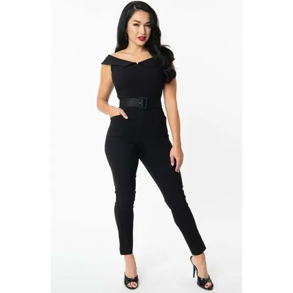 Unique Vintage Off Shoulder Gillian Jumpsuit - Black