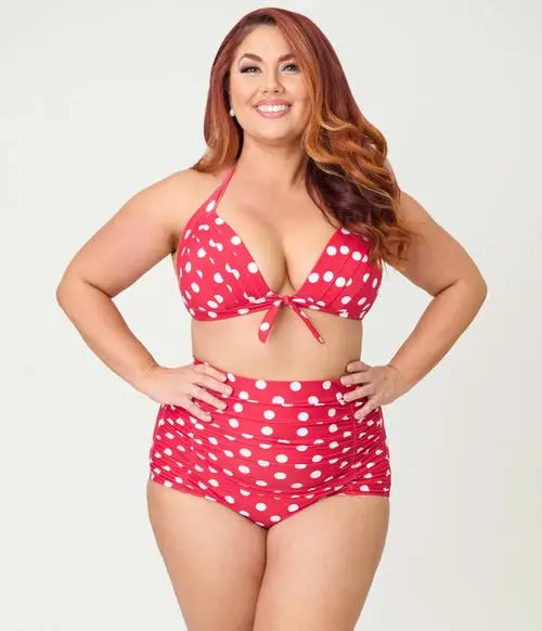 Unique Vintage High Waist Bikini Bottom - Red & White Polka Dot Print