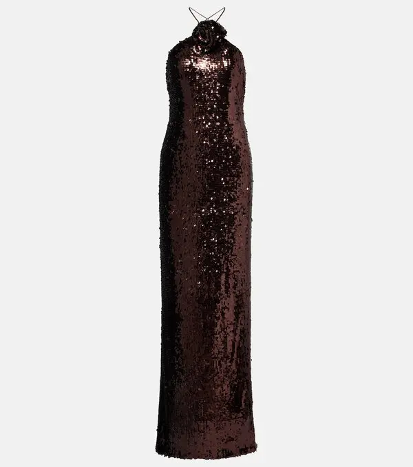 Magda Butrym Sequin Gown With Floral Appliqu - Brown