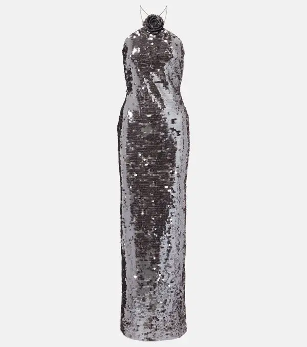 Magda Butrym Floral-appliqué Sequined Gown - Silver