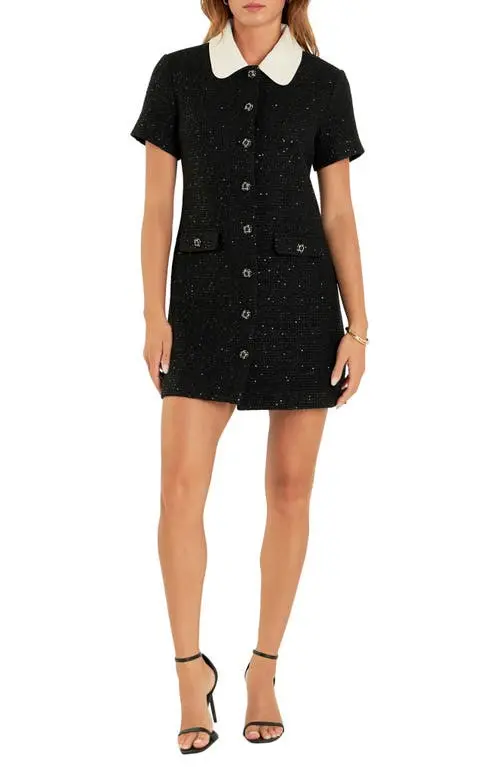 English Factory Sequin Tweed Mini Shirt Dress