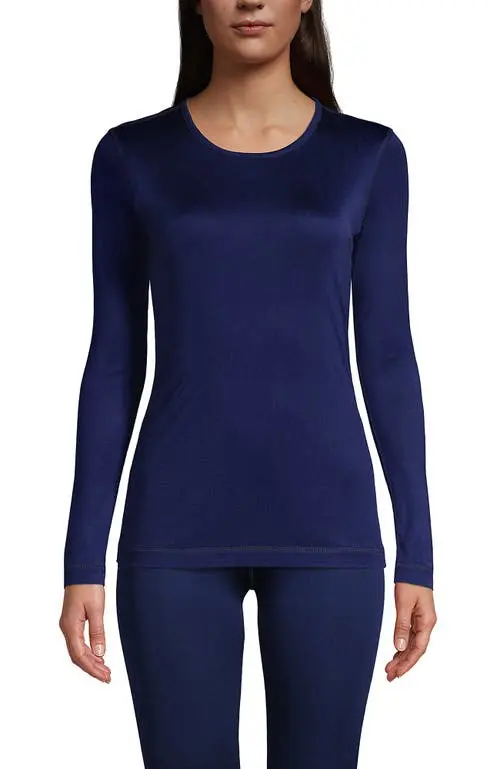 LANDS' END Silk Interlock Long Sleeve Crewneck Top - Deep Sea Navy