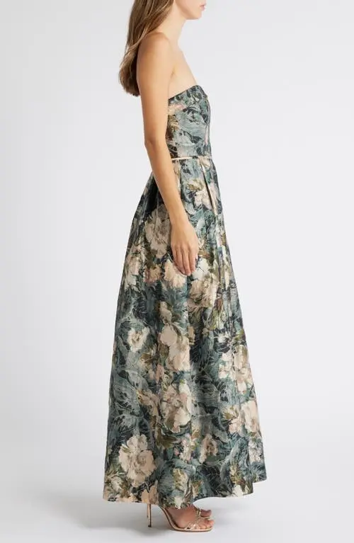 Tahari Asl Floral Strapless Ball Gown Blush Sage Multi