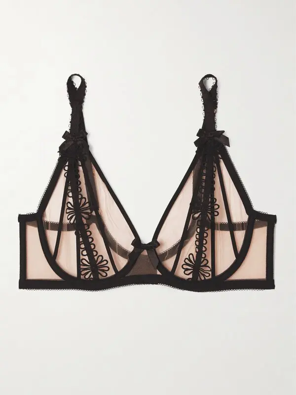 Agent Provocateur Coletta Grosgrain-trimmed Appliquéd Tulle Underwired Bra - Neutrals