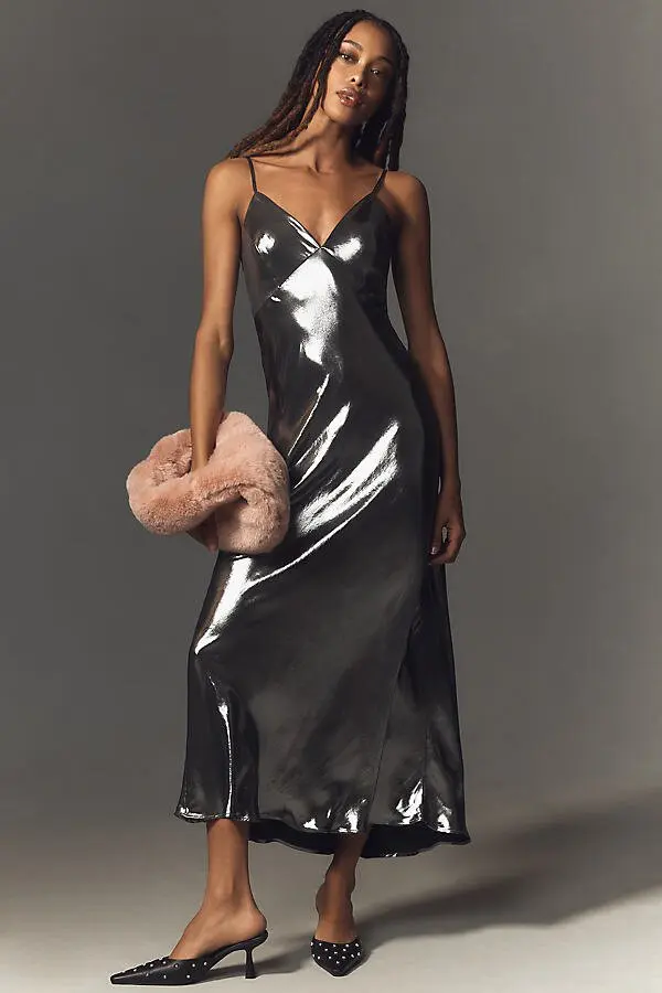 satin midi dress slip Sapphire Satin Front Slit Sleeveless Midi Slip Dress