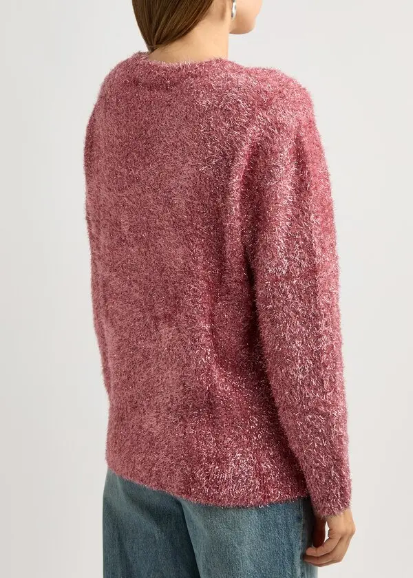 Never Fully Dressed Metallic Tinsel-Weave Cardigan In Pink - 50% Off |  Editorialist