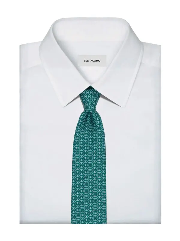 FERRAGAMO Gancini Print Silk Tie - Green