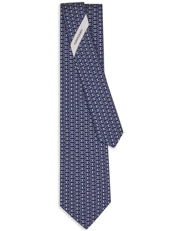 FERRAGAMO Gancini Print Silk Tie - Blue