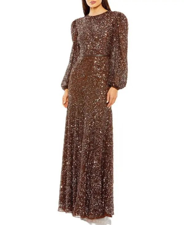 Mac Duggal Sheer Long Sleeve Beaded Gown