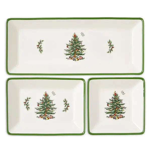 SPODE Christmas Tree Traditional 3 Piece Nesting Tray Set - Green