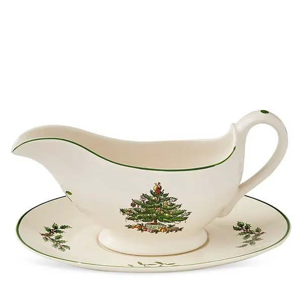 SPODE Christmas Tree Gravy Boat And Stand - Green