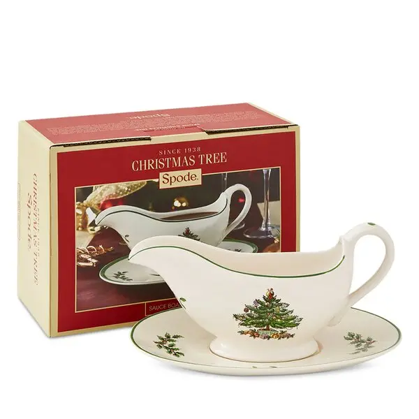 SPODE Christmas Tree Gravy Boat And Stand