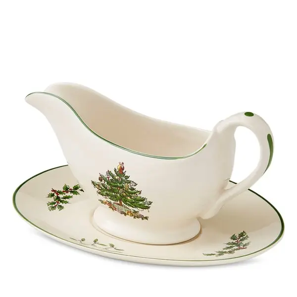 SPODE Christmas Tree Gravy Boat And Stand