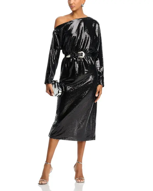 Misook Sequined One Shoulder Midi Dress