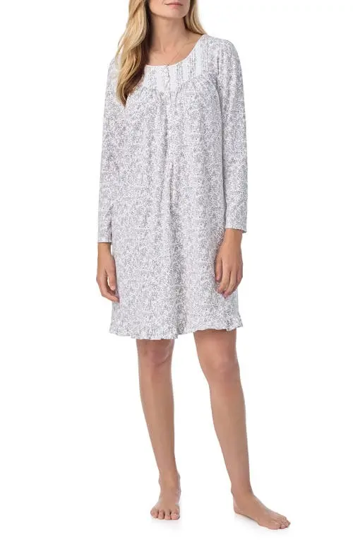 Eileen West Long Sleeve Cotton Jersey Short Nightgown - White Floral