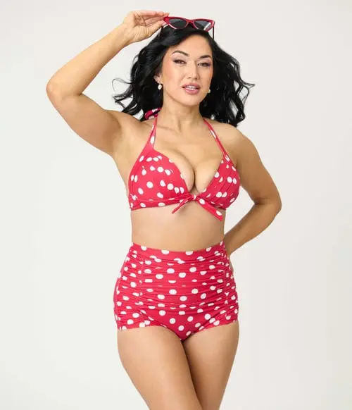 Unique Vintage Monroe Halter Bikini Top - Red & White Polka Dot Print