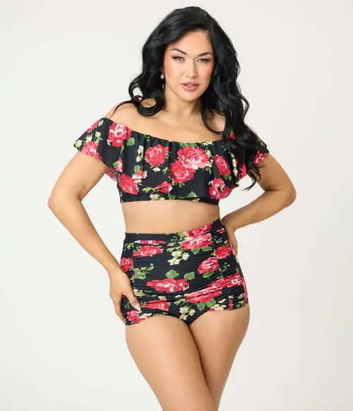 Unique Vintage Monroe High Waist Bikini Bottom - Black Cabbage Rose Print