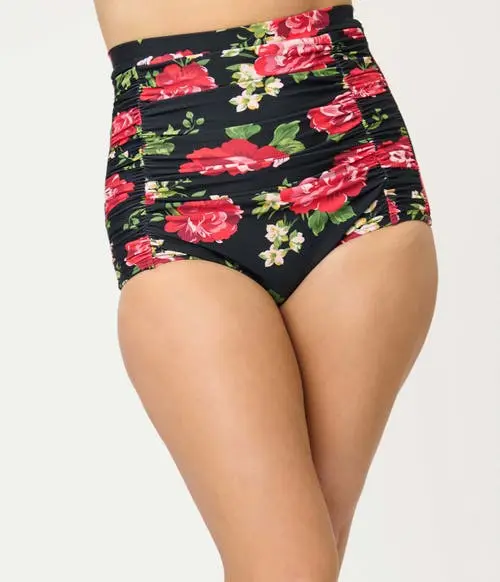 Unique Vintage Monroe High Waist Bikini Bottom - Black Cabbage Rose Print