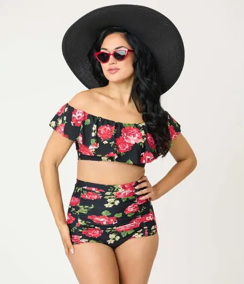Unique Vintage Monroe High Waist Bikini Bottom - Black Cabbage Rose Print