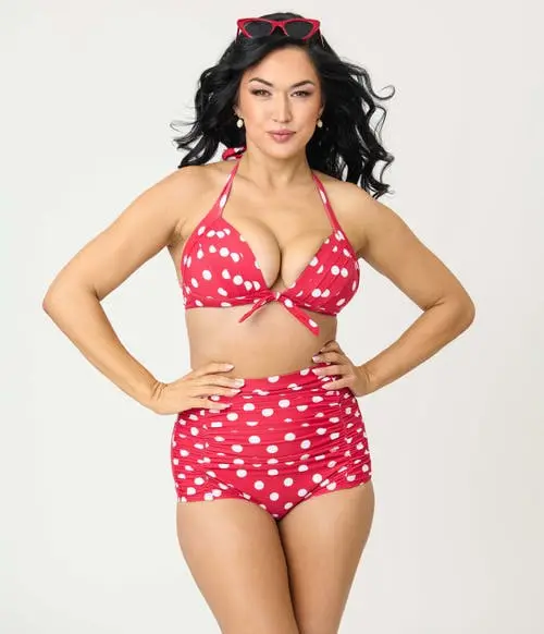 Unique Vintage Monroe High Waist Bikini Bottom - Red & White Polka Dot Print