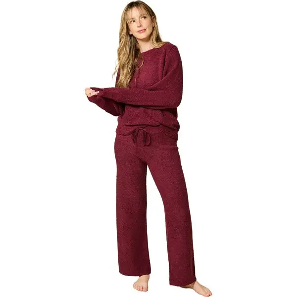 SOFTIES Solid Marshmallow Reverse Seam Crew Neck Lounge Set With Bracelet Sleeve - Cherry Cola