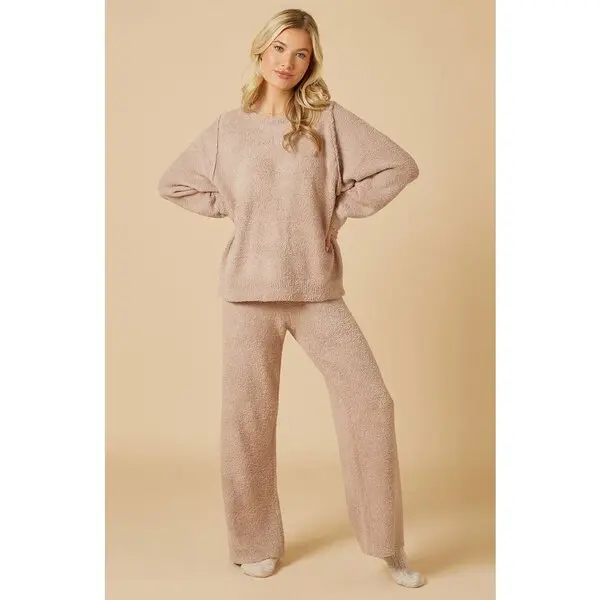 SOFTIES Solid Marshmallow Reverse Seam Crew Neck Lounge Set With Bracelet Sleeve - Coco