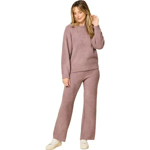 SOFTIES Solid Marshmallow Reverse Seam Crew Neck Lounge Set With Bracelet Sleeve - Driftwood