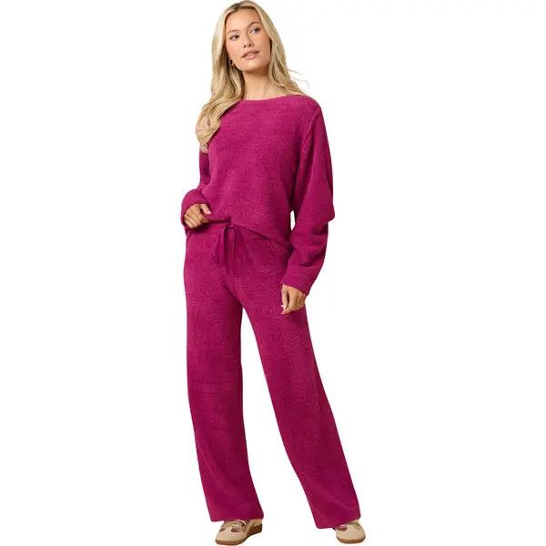 SOFTIES Solid Marshmallow Reverse Seam Crew Neck Lounge Set With Bracelet Sleeve - Magenta