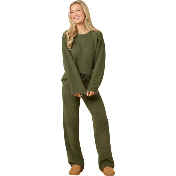 SOFTIES Solid Marshmallow Reverse Seam Crew Neck Lounge Set With Bracelet Sleeve - Olive
