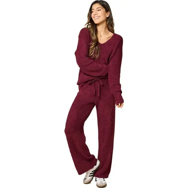 SOFTIES Solid Marshmallow V-neck Lounge Set - Cherry Cola
