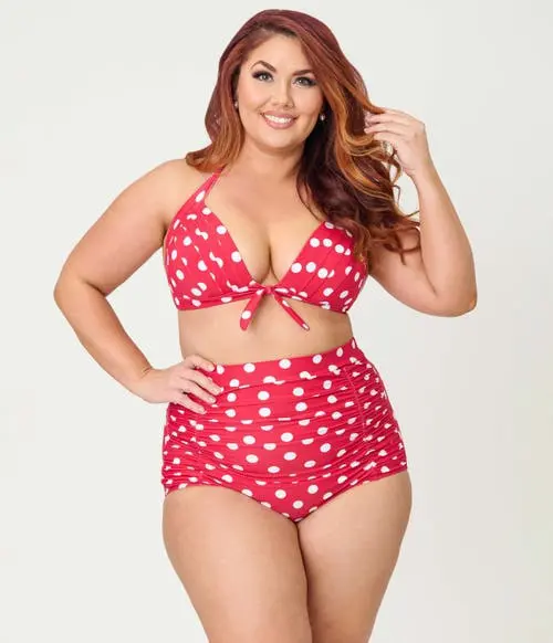Unique Vintage Monroe Halter Bikini Top - Red & White Polka Dot Print