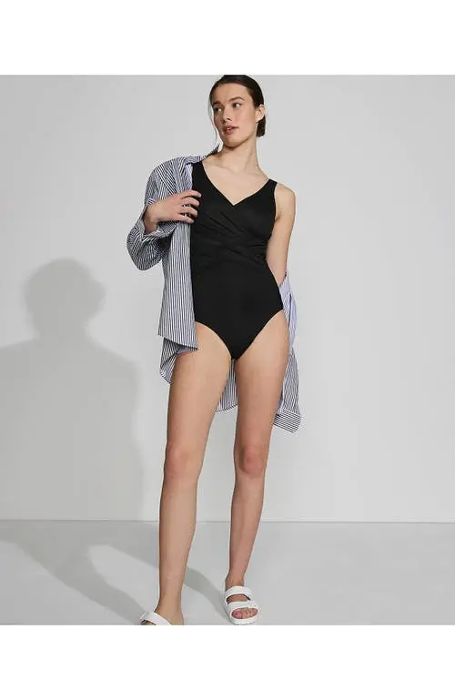 LANDS' END Long Slender Suit Wrap One Piece Swimsuit With Tummy Control - Black